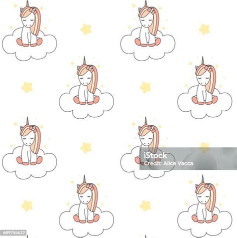 귀여운 구름 원활한 벡터 패턴 배경 일러스트 레이 션에 작은 유니콘 만화 구름에 대한 스톡 벡터 아트 및 기타 이미지 구름