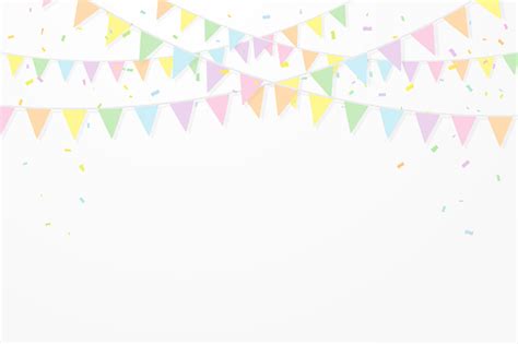 흰색 배경에 작은 색종이와 달콤한 다채로운 파티 깃발 축하 이벤트와 생일 축하합니다 여러 가지 빛깔 벡터 일러스트 레이 션 복사 공간 0명에 대한 스톡 벡터 아트 및 기타