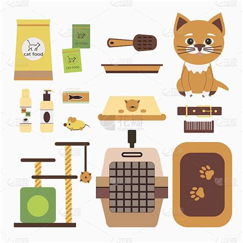 猫护理用品套装，物品和材料饲料，玩具，球，罐头和洗发水。素材 花瓣网