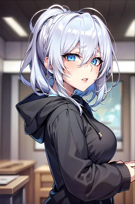 Yukino Silver Hair And Eyes In A Black Hoodie Anime Visual Of A Cute