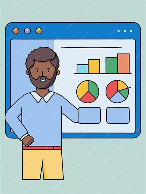 A Cartoon Man Stands In Front Of A Computer Screen With Graphs And