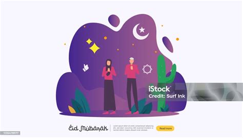 행복 한 Eid 무바라크 또는 사람들 문자로 라마단 인사말에 대 한 이슬람 디자인 일러스트 개념입니다 웹 랜딩 페이지 배너