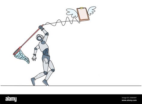 Single Continuous Line Drawing Robot Try To Catching Flying Clipboard With Butterfly Net