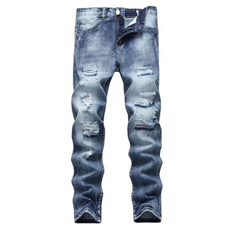 Weloijevbe Mens Jeans Classical Male Ripped Straight Leg Slim Fit Denim