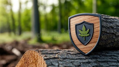 A Wooden Shield With A Green Maple Leaf On It Sitting On A Log Stock