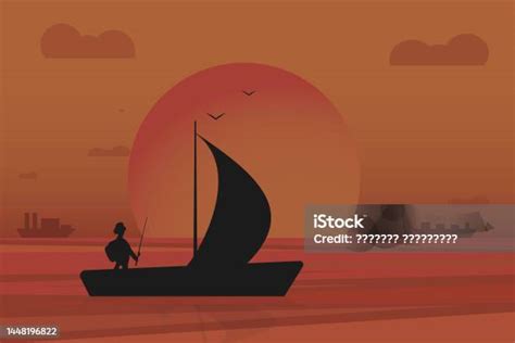 일몰 배경 벡터 일러스트 레이 션에서 바다에서 어부의 실루엣 강에 대한 스톡 벡터 아트 및 기타 이미지 강 낚시 남자 Istock