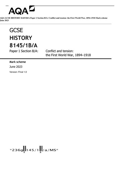 AQA GCSE HISTORY B A Paper Section B A Conflict And Tension The First World War