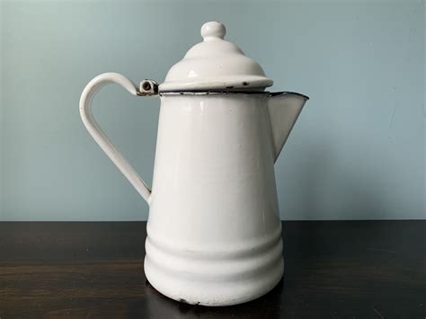 Vintage White Enamel Kettle Coffee Pot Enamelware Vase Farmhouse