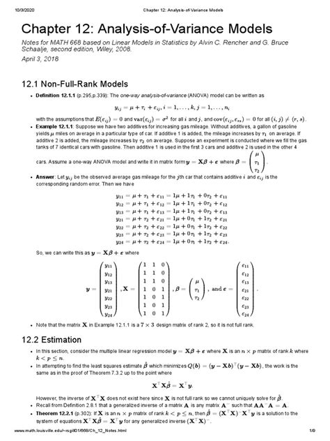 Chapter 12 Analysis Of Variance Models 121 Non Full Rank Models Pdf Statistical Analysis