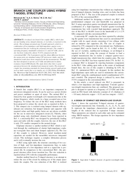 Pdf Branch Line Coupler Using Hybrid T Model Structure
