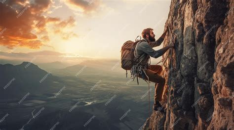 Premium Photo Determined Climber Ascends A Steep Cliff Facing The