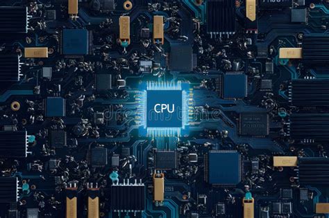 Top Down Circuit Board View Blue Glowing Cpu Surrounded By Components Stock Illustration