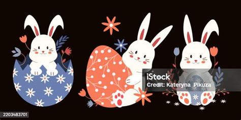달걀과 함께 토끼의 행복한 부활절 세트 벡터 일러스트 레이 션 개체 그룹에 대한 스톡 벡터 아트 및 기타 이미지 개체 그룹 계절 공휴일 Istock