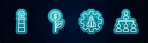 라인 등대 달러 공장 스타트업 프로젝트 개념 및 계층 구조 조직도 차트를 설정합니다 빛나는 네온 아이콘입니다 벡터 0명에 대한