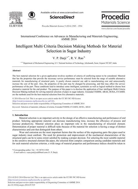 Pdf Intelligent Multi Criteria Decision Making Methods For Material