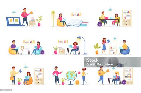 교육 장면은 사람 캐릭터와 번들 대학에서 거리 학습 프로그램 도서관에서 공부하는 학생 가정 상황에서 책을 읽으십시오 개념에 대한 스톡 벡터 아트 및 기타 이미지 Istock