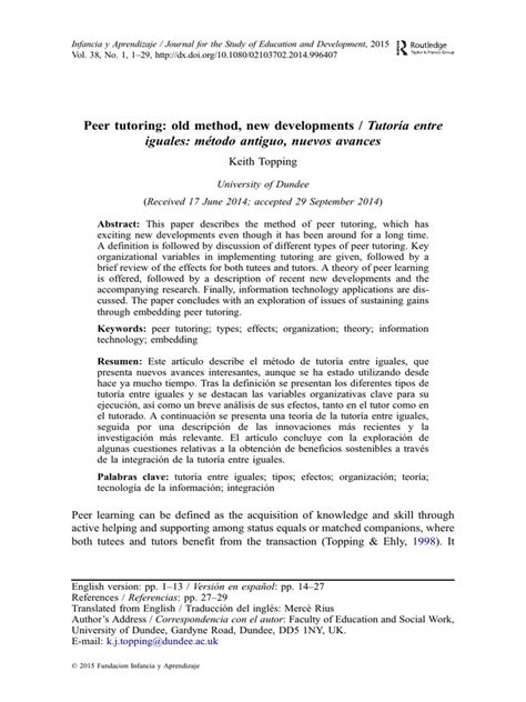 Topping 2015 Peer Tutoring Old Method New Developments Tutoria Entre Iguales Metodo Antiguo