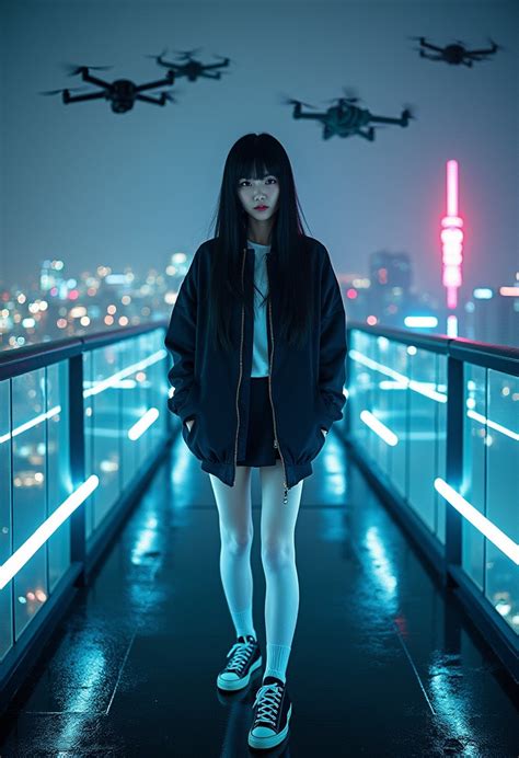 Futuristic Cosplay On Wet Tokyo Skybridge Stable Diffusion Online