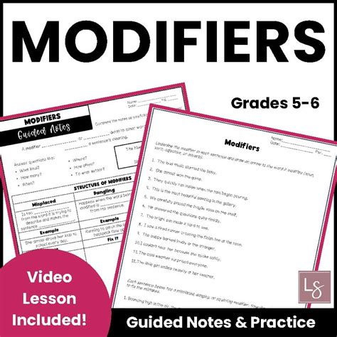Modifiers Worksheet Guided Notes Grammar Video Lesson 5 6th Grades