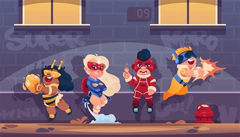 슈퍼 히어로 키즈 팀 재미있는 의상과 마스크에 만화 영웅을 코스프레 아이들과 만화 배경 남자와 여자는 비행과 악에 맞서 싸우고 벡터 용감한 청소년 세트 아이에 대한 스톡