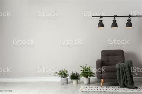 부드러운 안락의자와 방 벽 근처 바닥에 있는 식물 텍스트를 위한 공간 인테리어 디자인 0명에 대한 스톡 사진 및 기타 이미지 0명 가구 거실 Istock