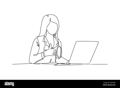 Single Continuous Line Drawing Young Happy Doctor Woman Open A Laptop