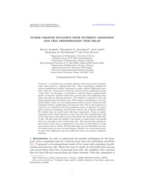 Pdf Tumor Growth Dynamics With Nutrient Limitation And Cell