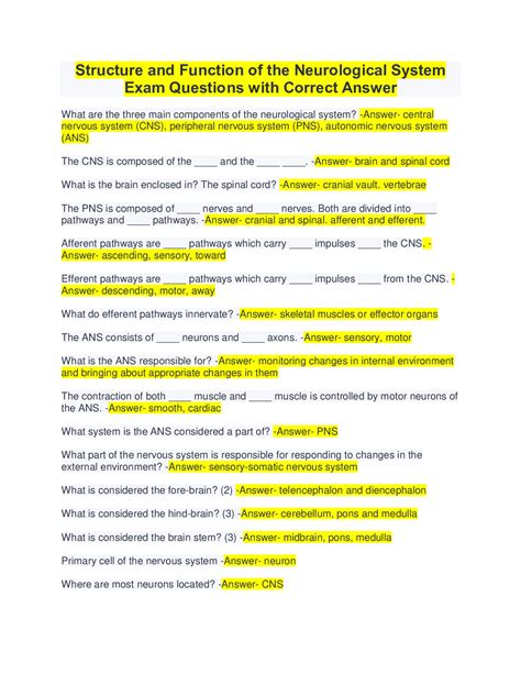 Structure And Function Of The Neurological System Exam Questions With