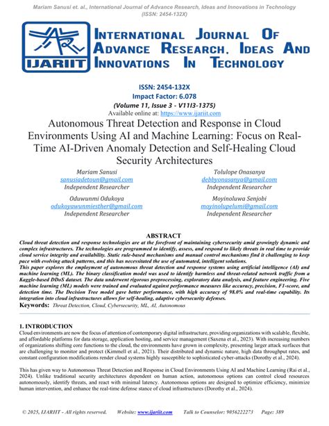 Pdf Autonomous Threat Detection And Response In Cloud Environments Using Ai And Machine
