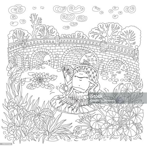 판타지 풍경입니다 동화 중세 아치 돌 다리 환상적인 물 식물 연꽃 개구리 왕자 호수 티셔츠 프린트 성인을위한 색칠 공부 페이지 흑백 낙서 스케치 나무에 대한 스톡 벡터 아트