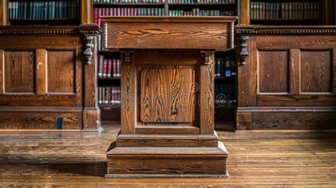 A Wooden Lectern In A Library With Bookshelves Filled With Books Stock Illustration