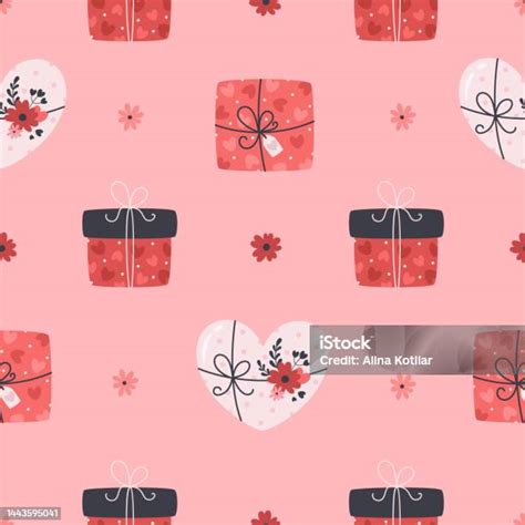 하트 무 무늬가있는 선물 상자 사랑 결혼식 발렌타인 데이 개념 벽지 섬유 직물 종이를 위한 편평한 손으로 그린 짜임새 손으로 그린 벡터 일러스트 레이 션 2월에 대한 스톡