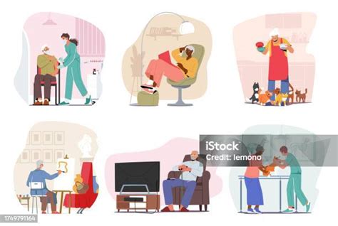 옛 캐릭터 취미 및 일상 활동의 집합입니다 노인들은 병원에서 예방 접종을 하고 독서하고 그림을 그립니다 노인에 대한 스톡 벡터 아트 및 기타 이미지 Istock