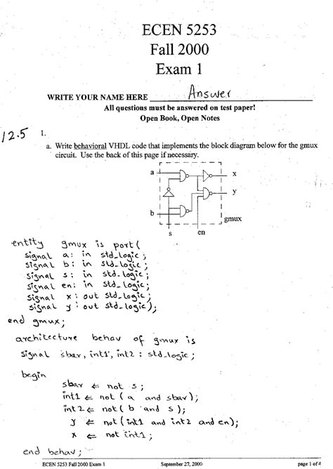 Digital Computer Design Exam I With Answers Ecen 5253 Docsity