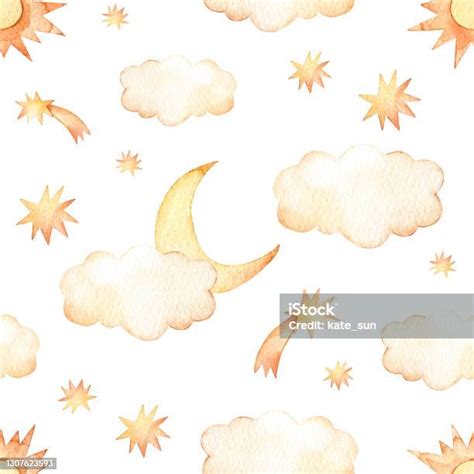 수채화 원활한 패턴 구름 달 태양과 별 별이 빛나는 하늘 배경 어린이 방에 이상적입니다 좋은 밤 인쇄 베이비 샤워 인사말 카드 직물 섬유 포장지에 적합 0명에 대한 스톡