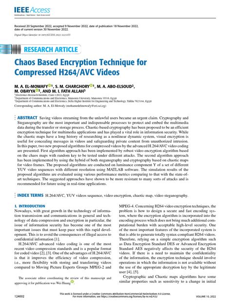 Chaos Based Encryption Technique For Compressed H264 Avc Videos Pdf