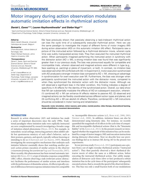 Pdf Motor Imagery During Action Observation Modulates Automatic Imitation Effects In