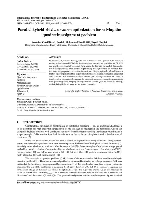 Pdf Parallel Hybrid Chicken Swarm Optimization For Solving The Quadratic Assignment Problem