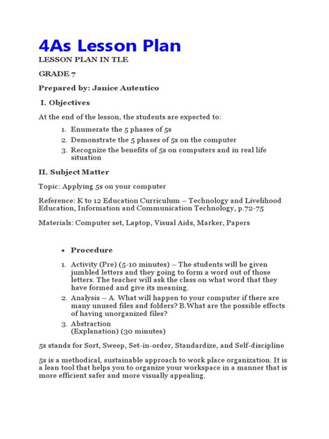 4as Lesson Plan Lesson Plan In Tle Grade 7 Prepared By Janice