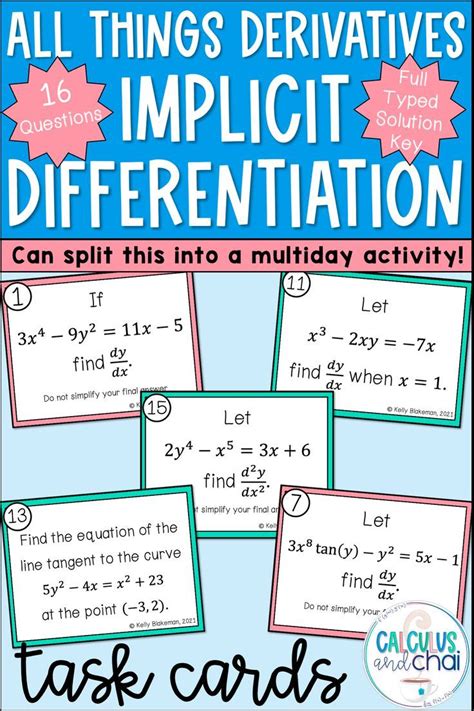 Calculus Implicit Differentiation Task Card Activity Calculus Task Card Activities Task Cards