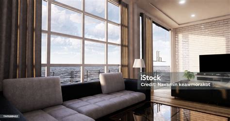 인테리어 디자인 다다미와 전통 일본 문을 갖춘 현대적인 거실 최고의 창 전망 3d 렌더링 0명에 대한 스톡 사진 및 기타 이미지