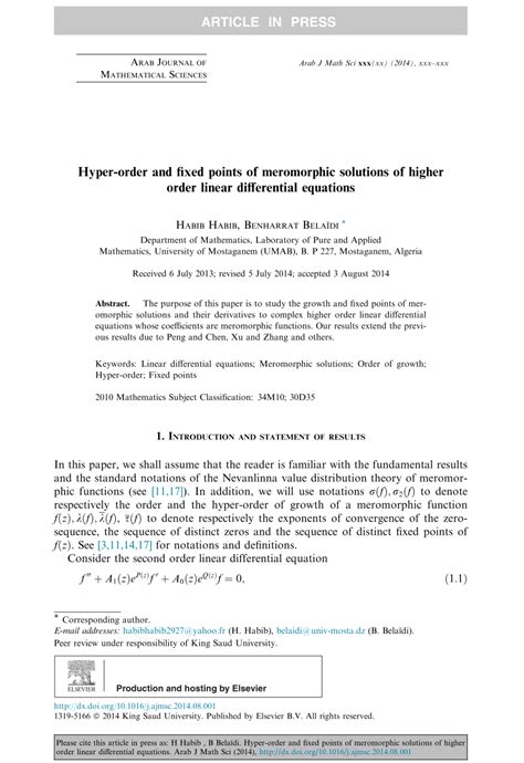 Pdf Hyper Order And Fixed Points Of Meromorphic Solutions Of Higher Order Linear Differential