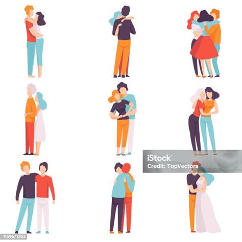 행복한 남성과 여성은 서로 세트를 포용 사람들은 이벤트를 축하 사랑에 커플 가장 친한 친구 벡터 일러스트 안기에 대한 스톡 벡터