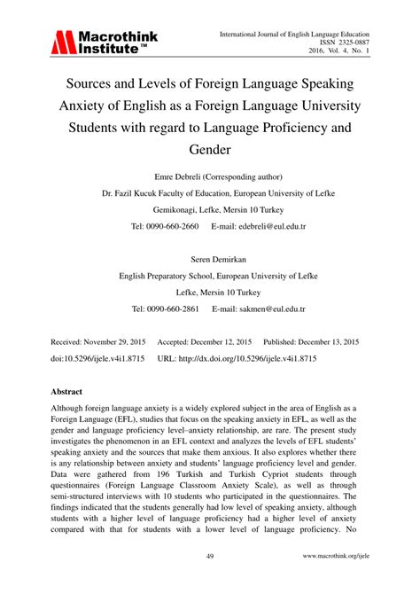 Pdf Sources And Levels Of Foreign Language Speaking Anxiety Of English As A Foreign Language