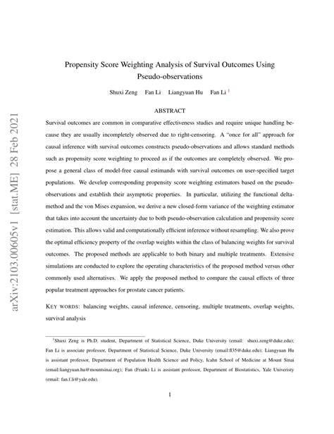 Pdf Propensity Score Weighting Analysis Of Survival Outcomes Using