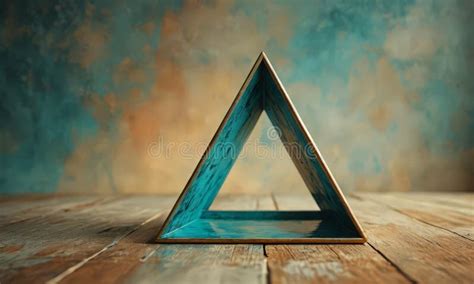 Triangular Blue Metal Structure Stands On Wooden Surface With Textured