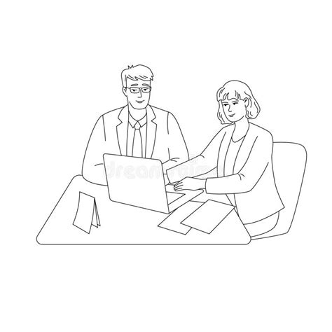 Business Woman And Man Sitting At A Table With A Computer Stock Vector Illustration Of