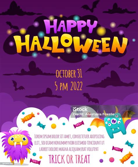 할로윈 파티 초대장 카드 귀여운 괴물 박쥐 호박 사탕 구름 및 어두운 배경이있는 어린이 템플릿 크리에이티브 포스터 디자인을위한 벡터 만화 손으로 그린 일러스트 레이 션