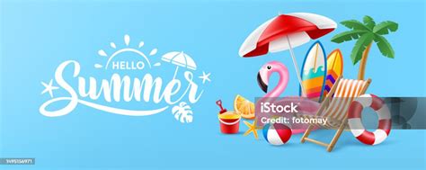 안녕하세요 핑크 플라밍고 풀 플로트 비치 의자 비치 파라솔 서핑 보드 및 파란색 배경에 여름 요소가 있는 여름 포스터 또는 배너 템플릿입니다 여름을 위한 프로모션 및 쇼핑