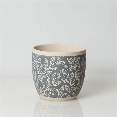 Leaf Decorated Pot 5 Inch Pot Gray Pot Leaf Planter Etched Pot Clay Pot Glazed Pot Leaf